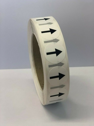 Direction arrow stickers round labels 25mm Dia white with black arrow ...