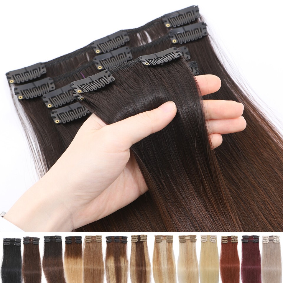 Clip in Remy Real Human Hair Extensions Full Head Long Weft Straight ...