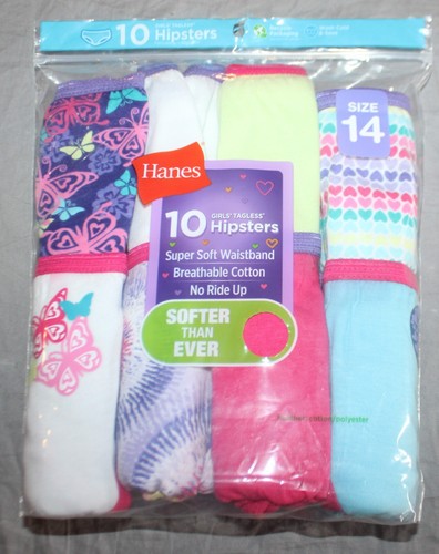 Hanes Girls' Size 14 Tagless Hipster Panties Multi Color & Design 10 ...