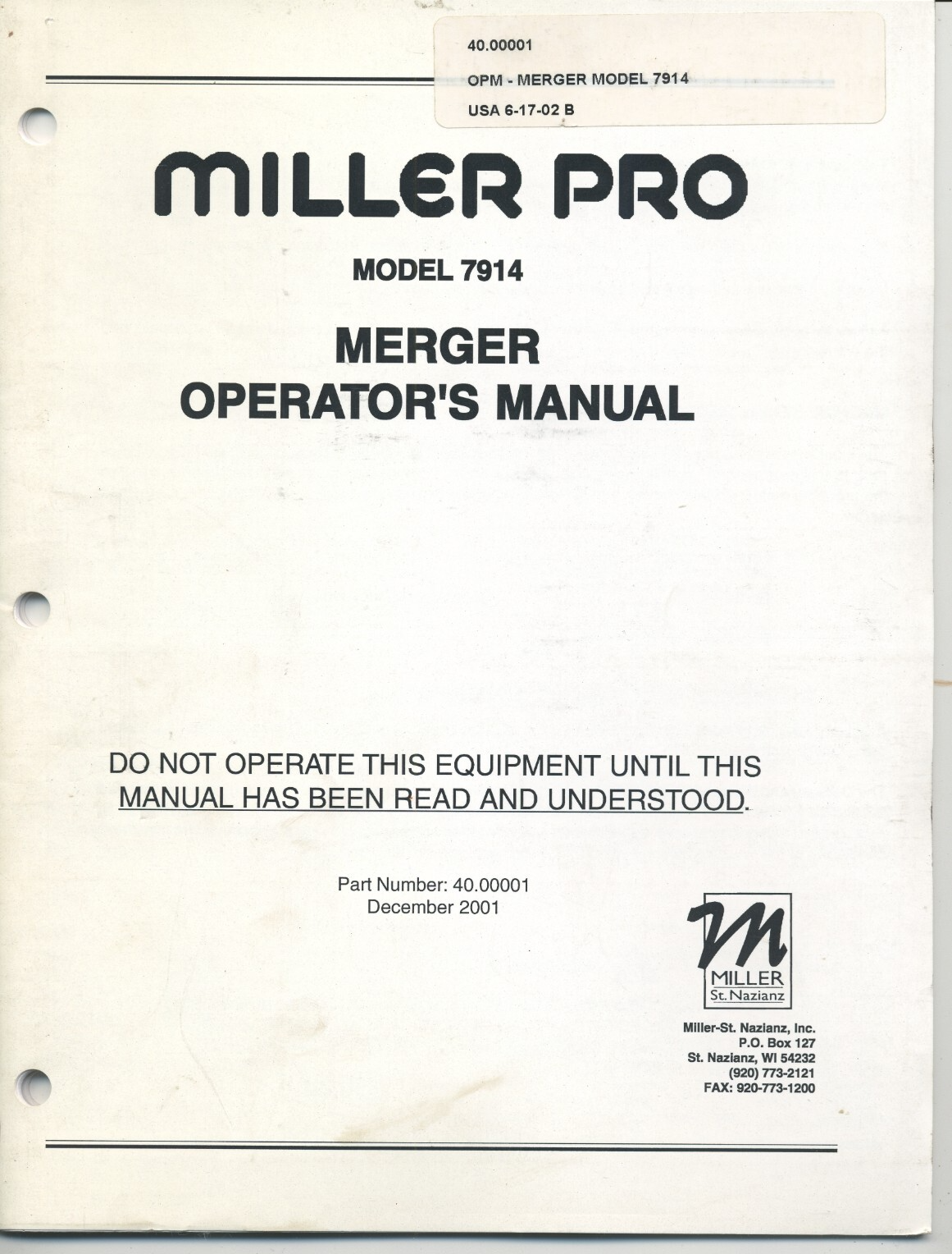 2001 -Miller Pro- 7914 Merger Tractor Operators Service Manual | eBay