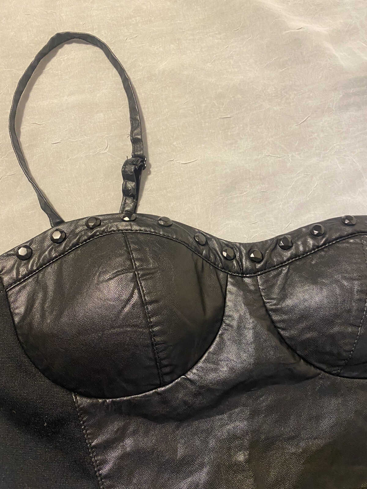 Forever 21 black faux leather bra adjustable rhinestone zip size Medium ...