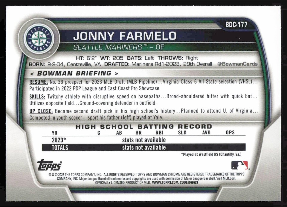 2023 Bowman Draft Chrome Jonny Farmelo BB01MR Seattle Mariners #BDC-177 ...