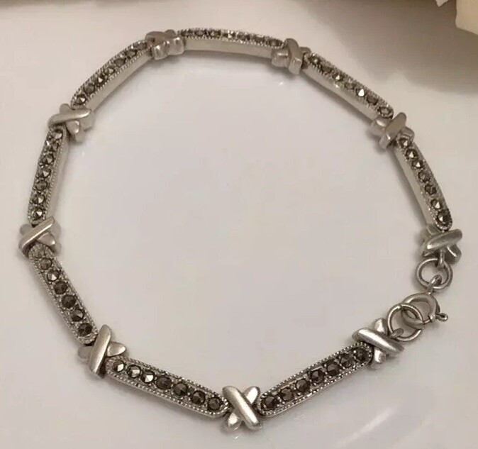 VTG DBJ 925 Sterling Silver X & O Marcasite Panel Tennis Bracelet 7.5” EUC 12g | eBay