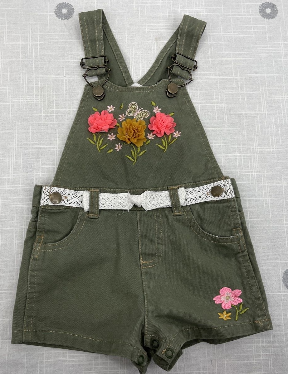 Green Cotton Floral Lace Embroidered Baby Shortalls Toddler Sz 24 ...