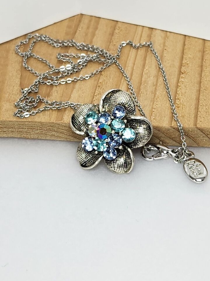 Joan Rivers Blue AB Rhinestone Flower Pendant Necklace Silver Tone 18 ...