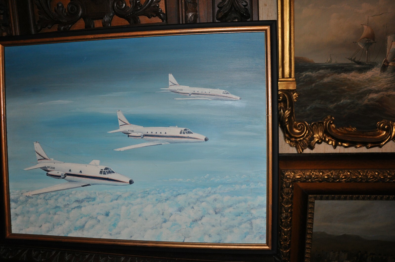 William M. Hasse (20th Century) Leer Jets 1970's original oil painting ...