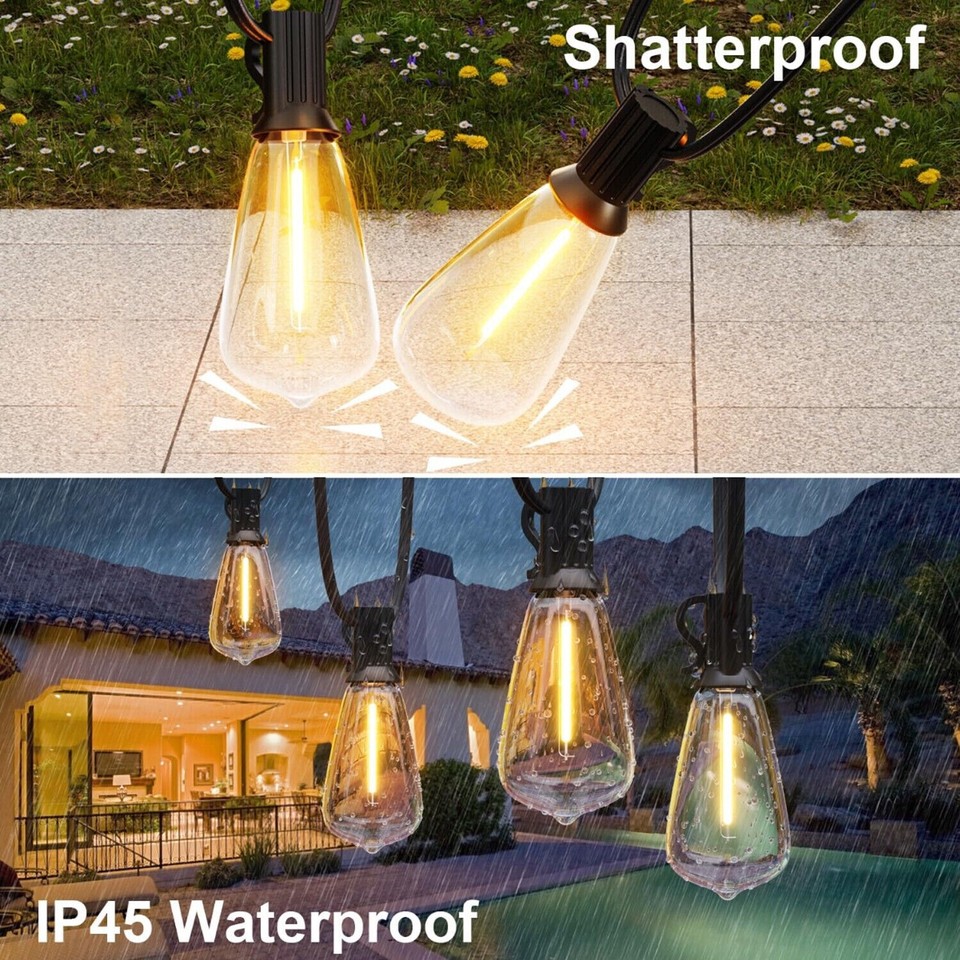 50 FT Outdoor String Lights Water Resistant ST38 LED Connectable Patio ...