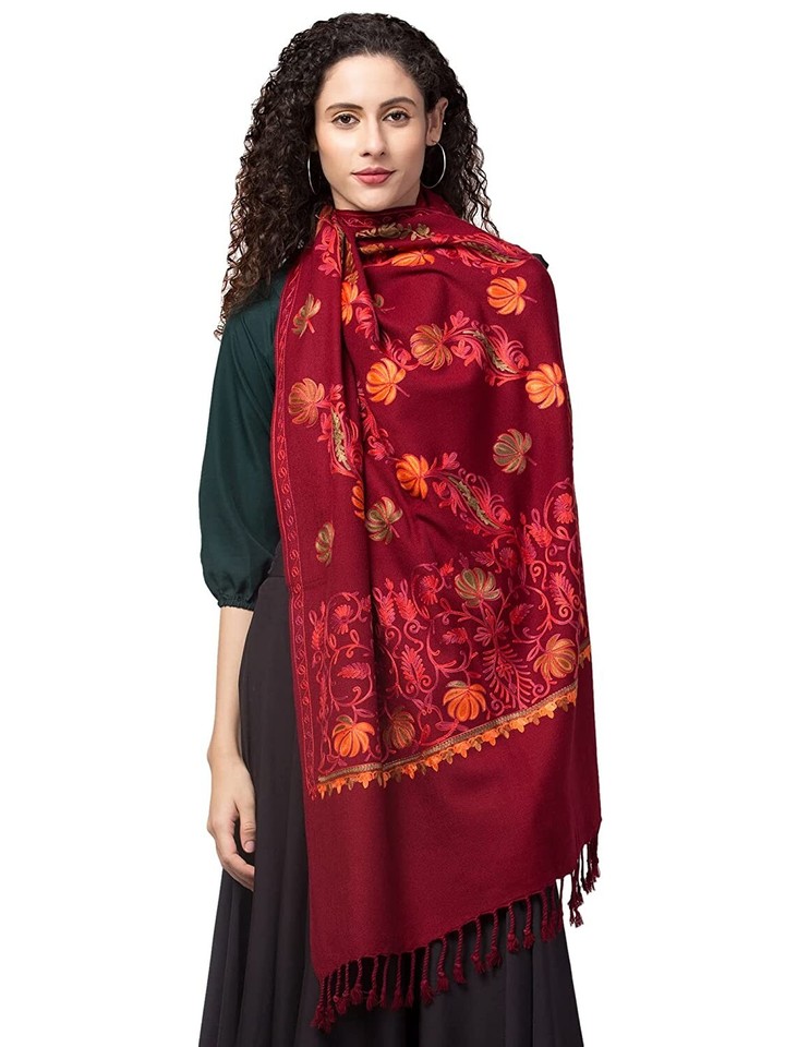 Women's Floral Motif Aari Embroidery Woolen Stole Shawl Wrap Maroon 28 ...