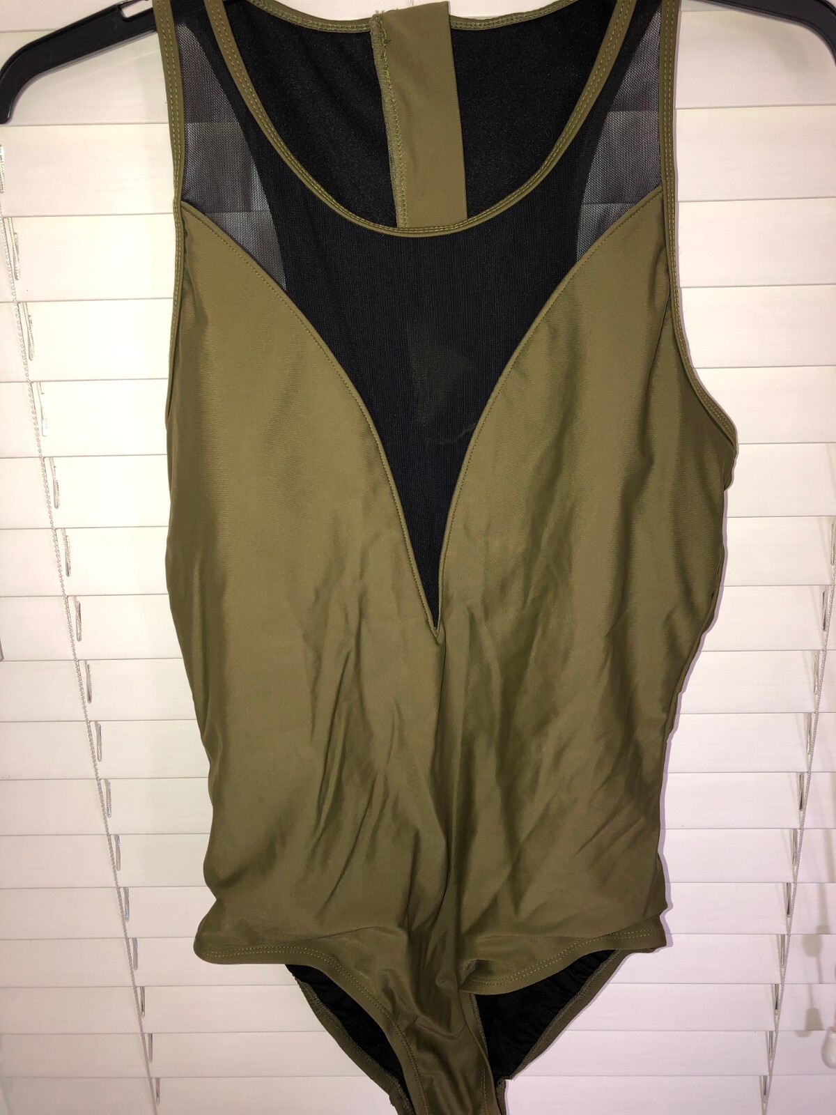 Alisha Levine One Piece Bathing Suit sheer olive 14 Z… - Gem