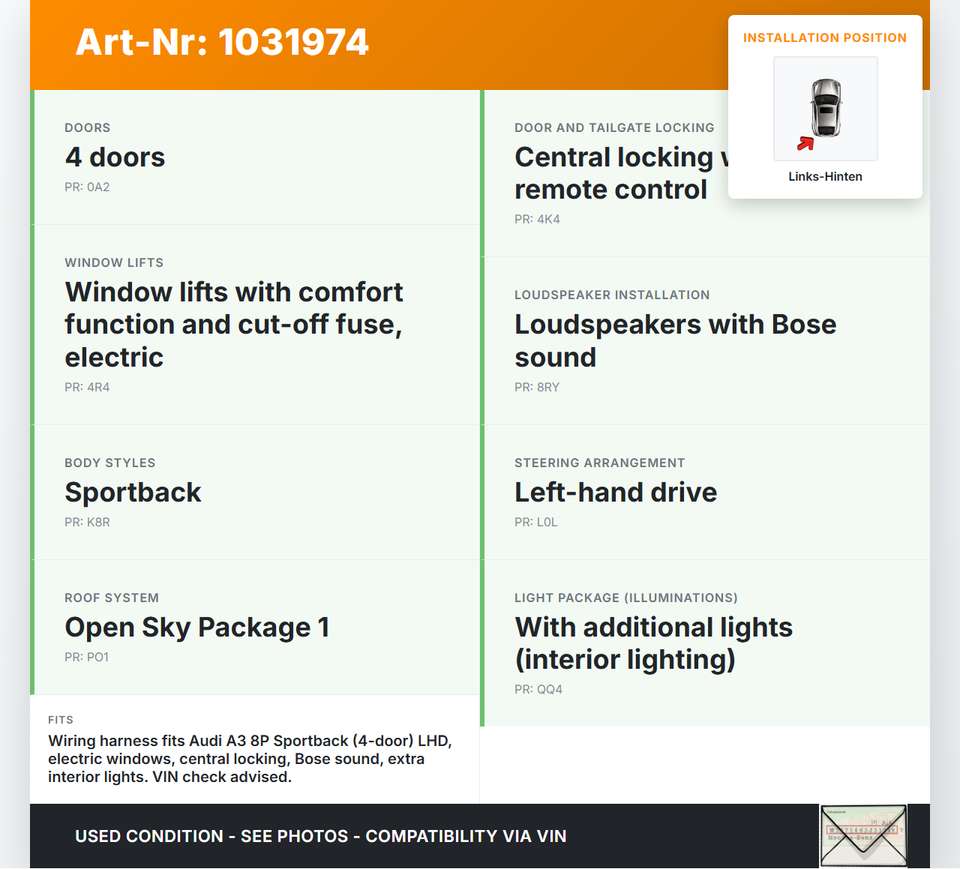 Harness for Door and Window Lift Left Rear Audi A3 8P 04-08 8P4971029G ...