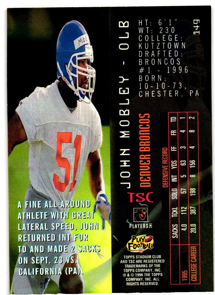 1996 Stadium Club #149 John Mobley Denver Broncos Members Only | eBay