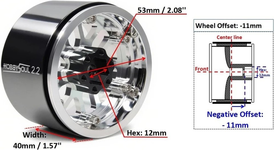 2.2 Beadlock Wheels -11mm Negative Offset 40mm Wide Rims 2.2 RC Wheels ...