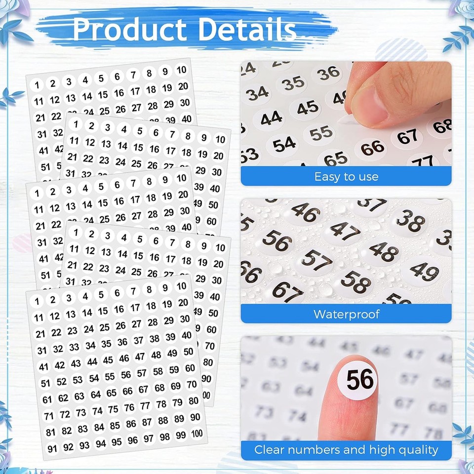 50 Sheets 1 to 100 Vinyl Consecutive Number Stickers Small Round Small ...