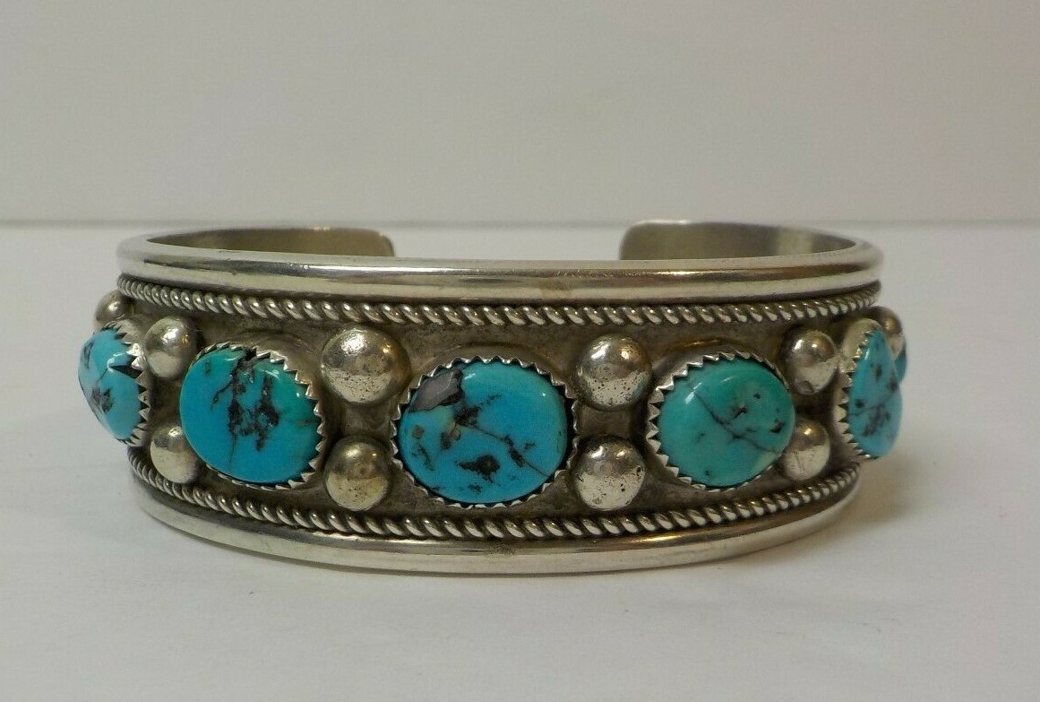 1970's Leander Nezzie Signed Sterling Silver & Turquoise Cuff Bracelet ...