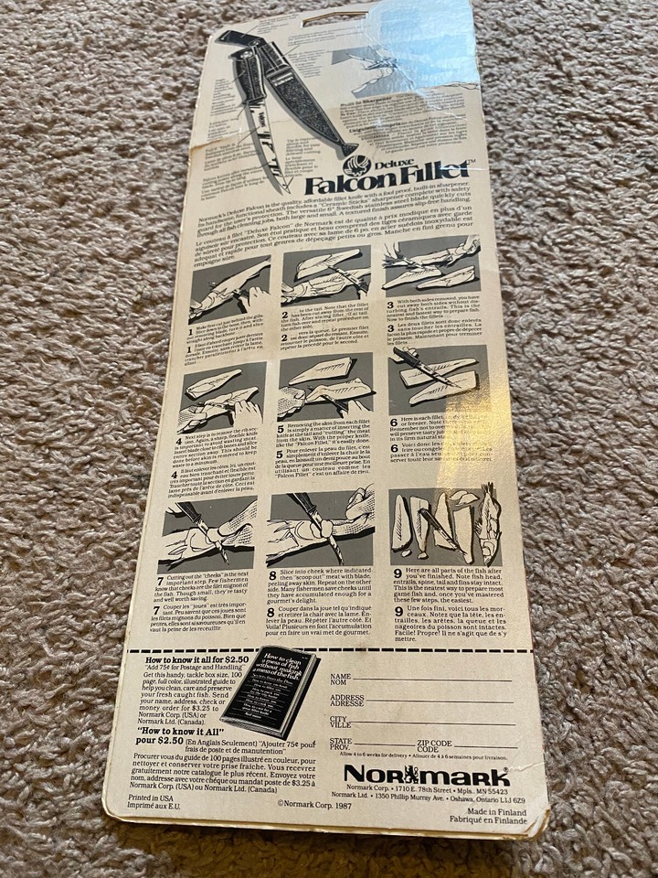 VINTAGE 1987 NORMARK Finland DELUXE FALCON FILLET KNIFE UNUSED IN PACK ...