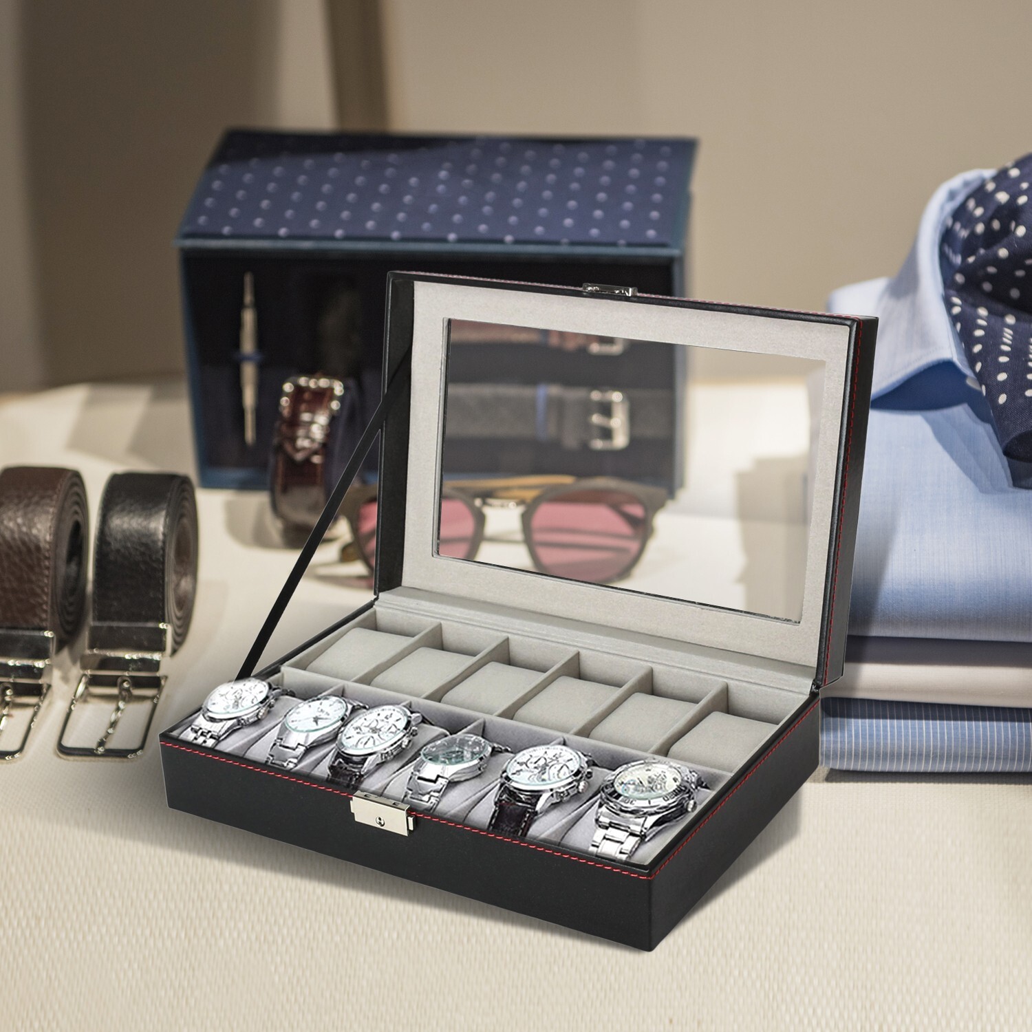 Watch Display Case for Women & Men Incs 2 Keys Faux Leather Jewelry ...