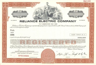 Reliance Electric Co. - Specimen Bond - Specimen Stocks & Bonds | eBay