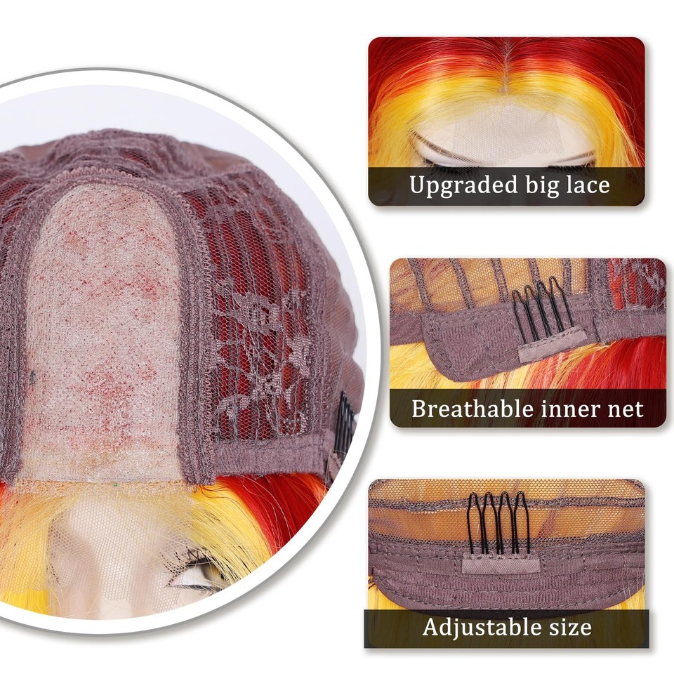 WECAN Red Orange Yellow Wig 28 Inches Long Wavy Synthetic Cabello ...