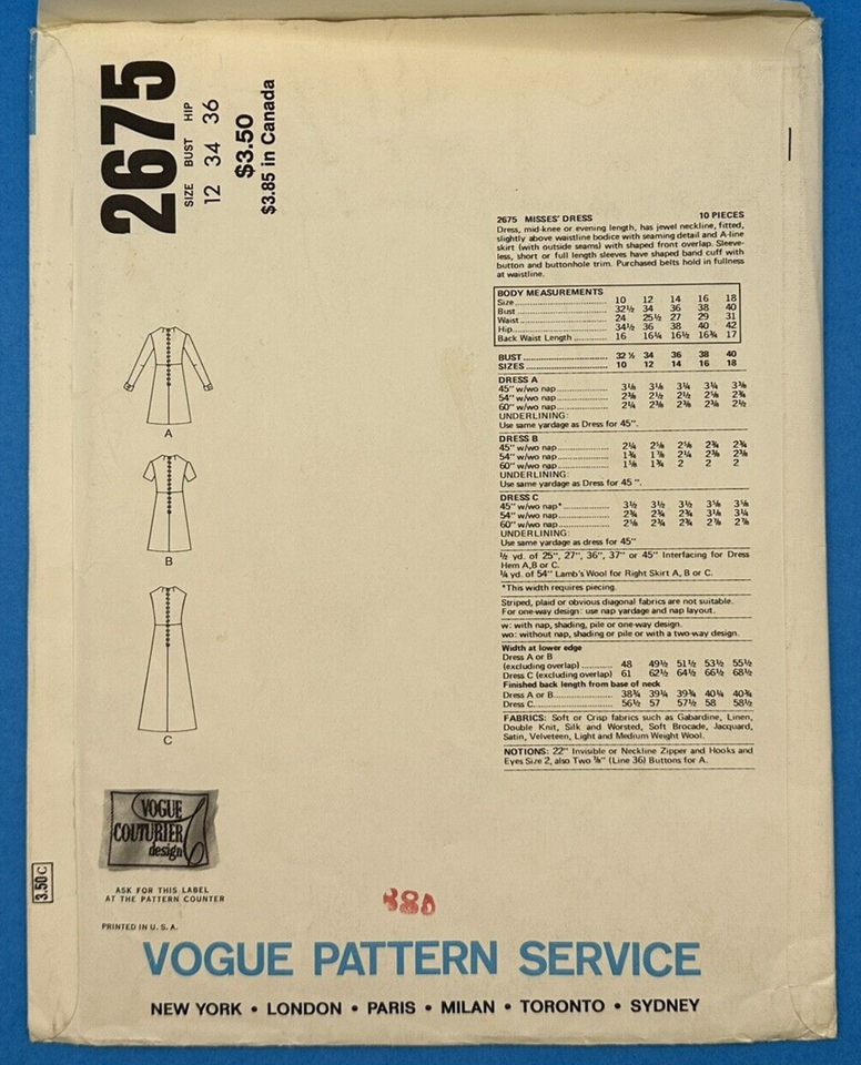 Vogue Couturier Design Pattern 2675 Fabiani Formal Dress 12/34 1970's ...
