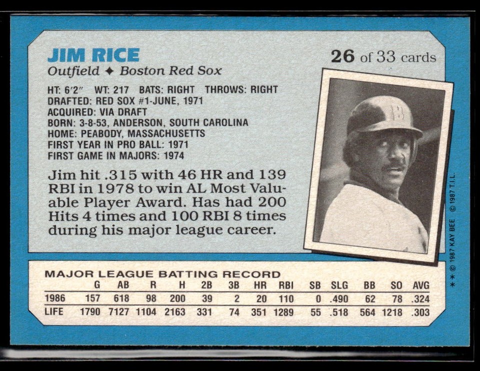 1987 Topps Kay-Bee Superstars of Baseball #26 Jim Rice Baseball Card ...
