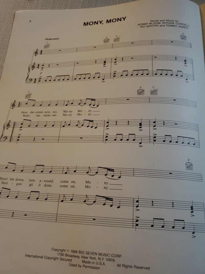 Sheet Music Mony Mony Billy Idol 1968 A29A | eBay