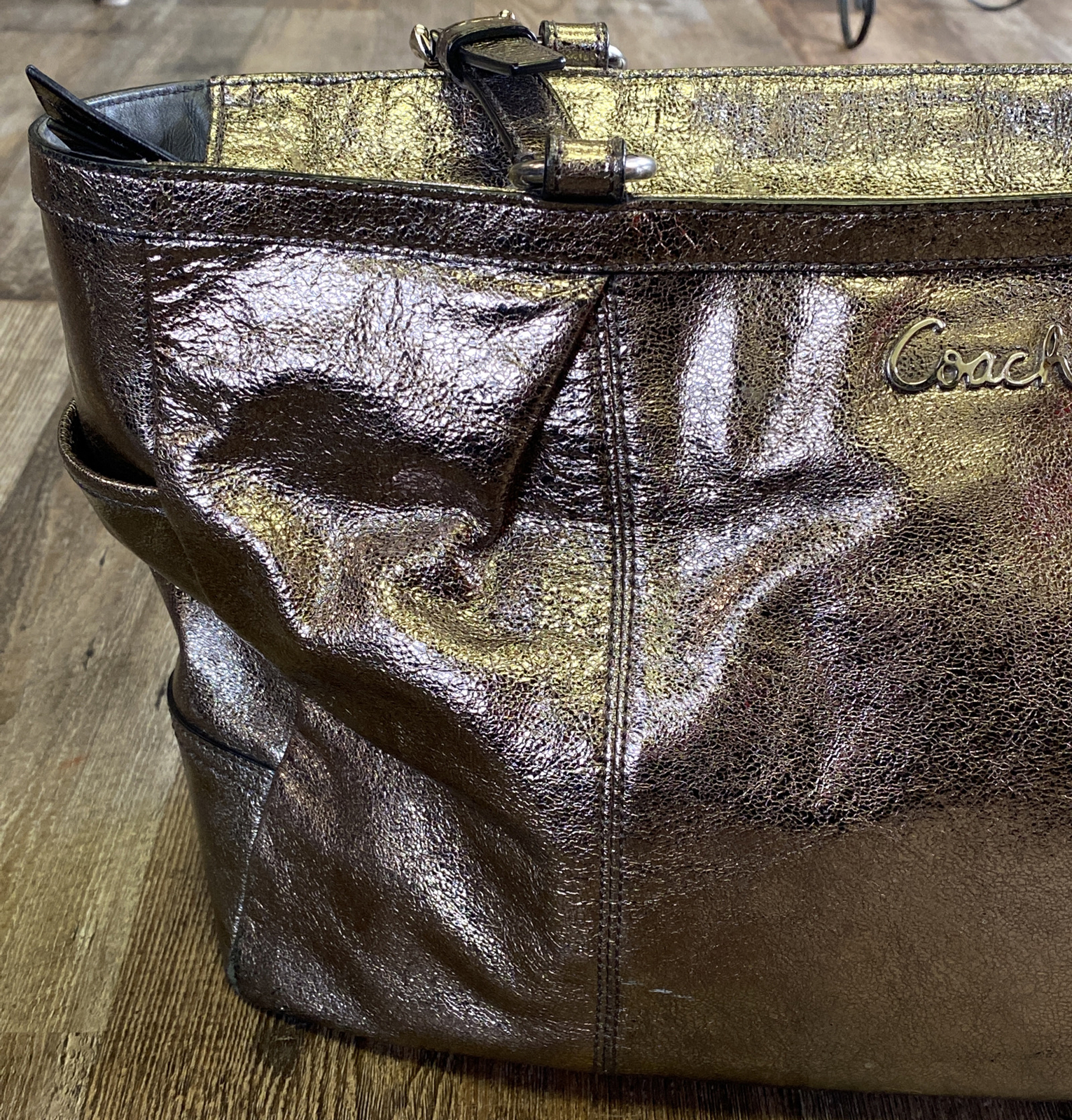 COACH Metallic Bronze Pebble Leather Shoulder Bag Tot… - Gem