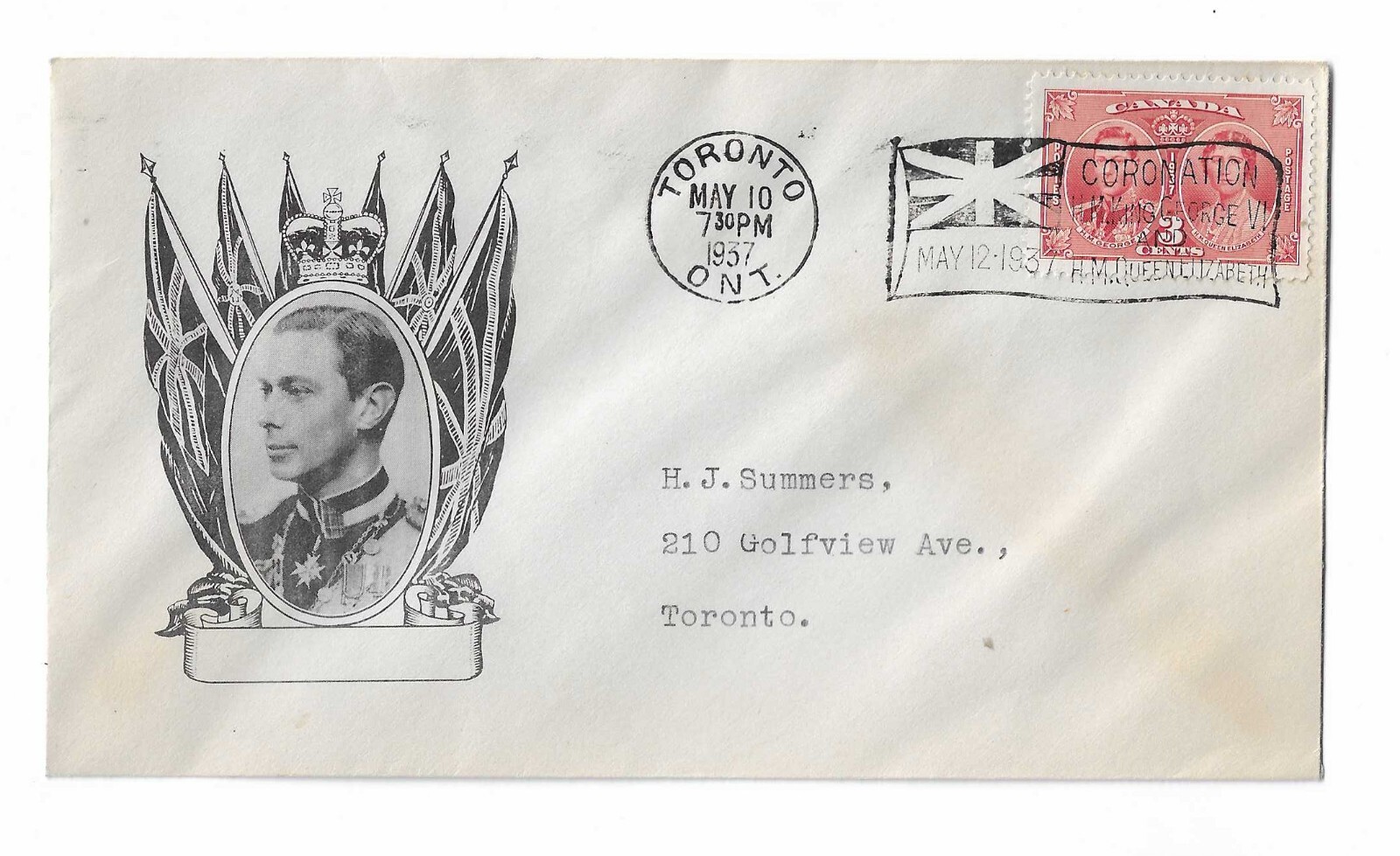 Canada 1937 3c Coronation FDC with a good cachet and Toronto flag ...