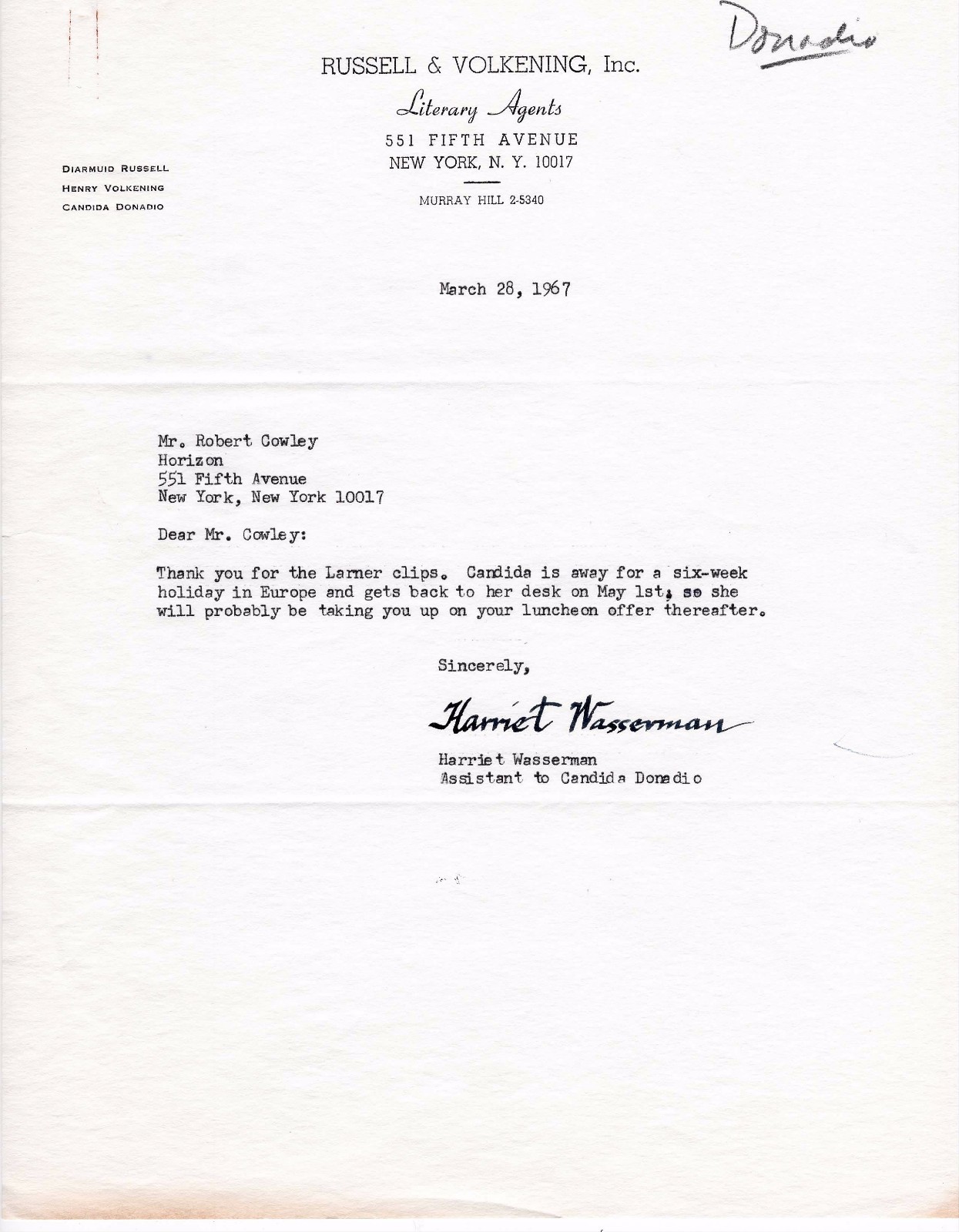 1967 Harriet Wasserman Signed Letter Author , Agent | eBay