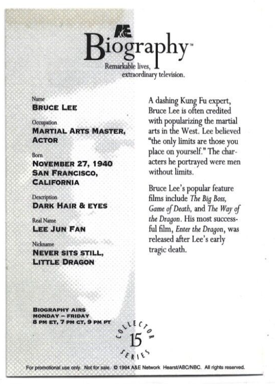 BRUCE LEE PROMO CARD A&E NETWORK BIOGRAPHY SERIES 1994 SCARCE | eBay