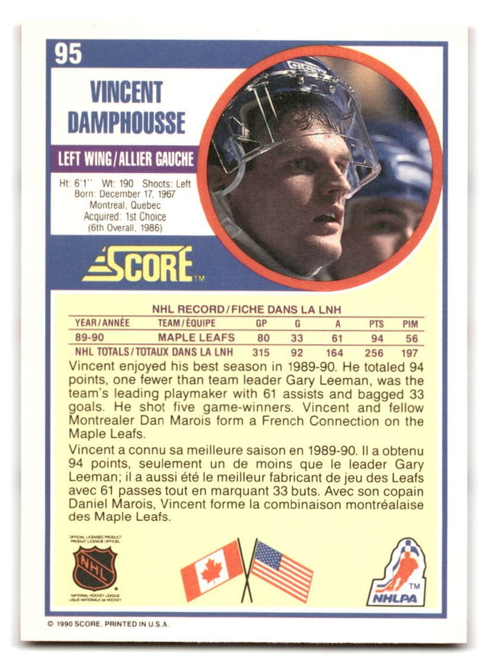 Vincent Damphousse 1990 Score Canadian HOCKEY #95 Toronto Maple Leafs ...