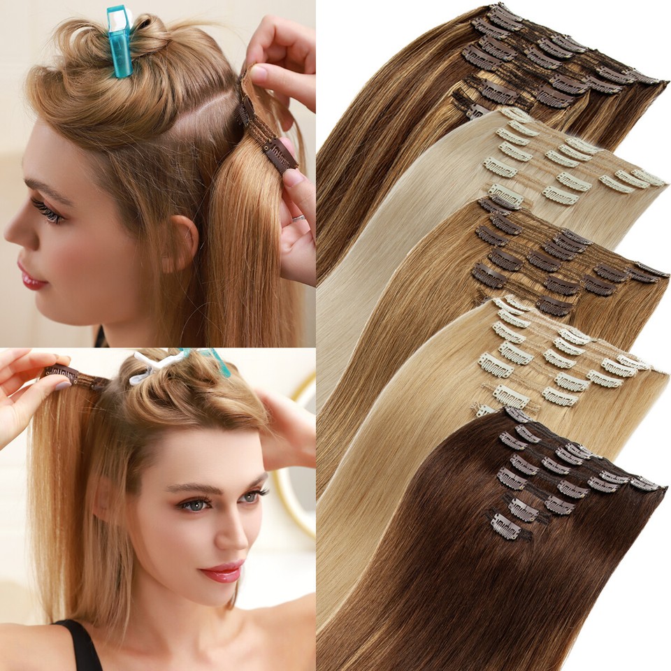 REMY Russian Double Weft Clip In Human Hair Extensions Full Head THICK ...