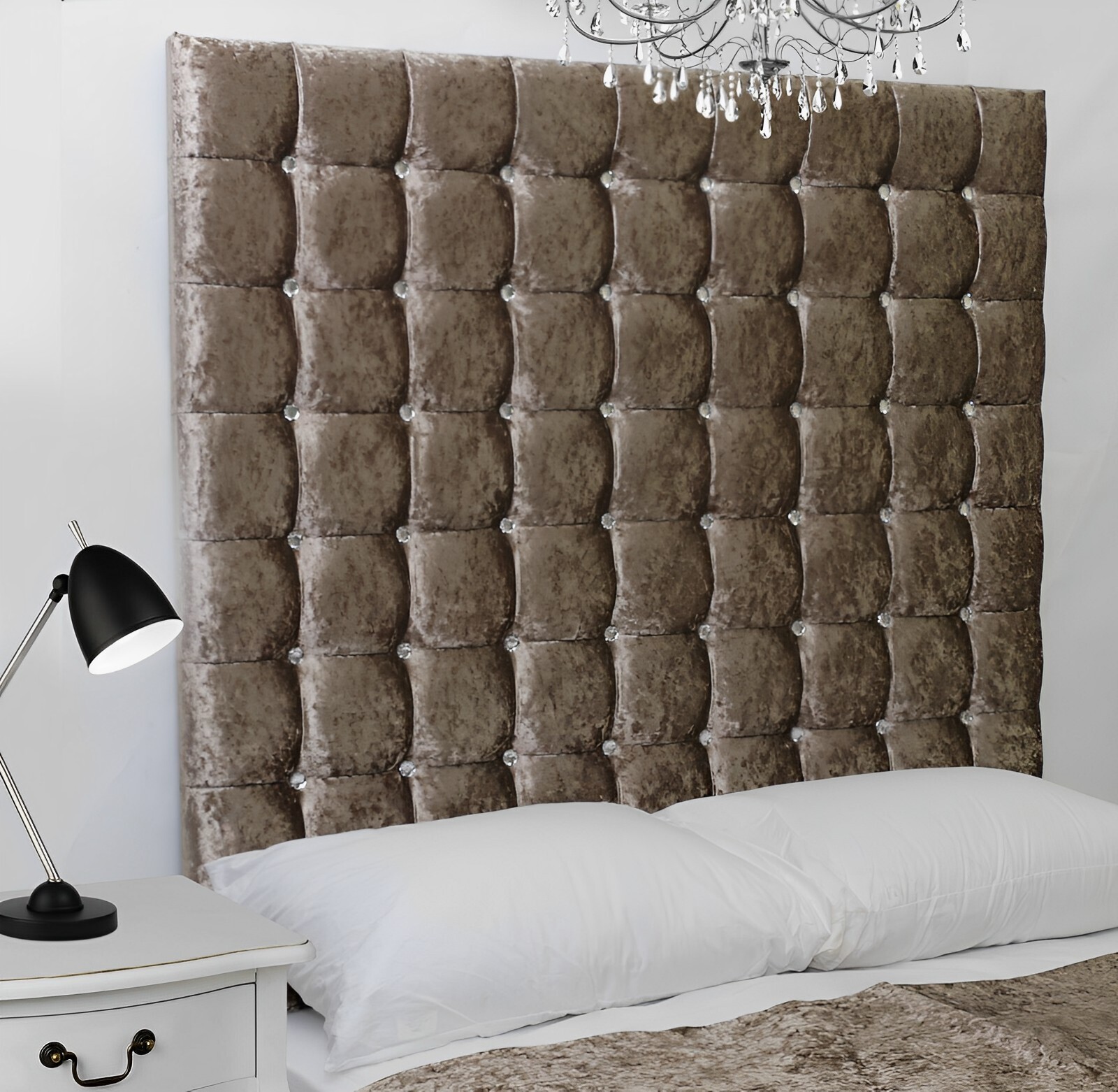 2FT6 MONACO HIGH DIAMANTE BUTTONED BED HEADBOARD CRUSH VELVET TRUFFLE ...