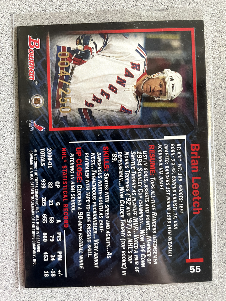 2001-02 Bowman YoungStars Brian Leetch Gold Card /250 #55 HOF New York ...