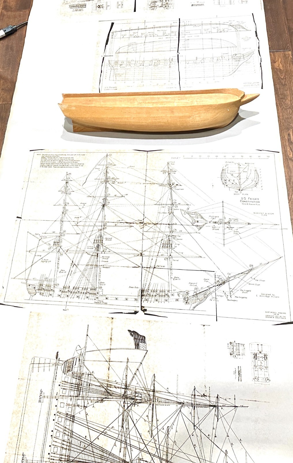 MCM U.S.S CONSTITUTION CARVED WOOD MODEL SHIP HULL 25",PLANS BY E.A ...