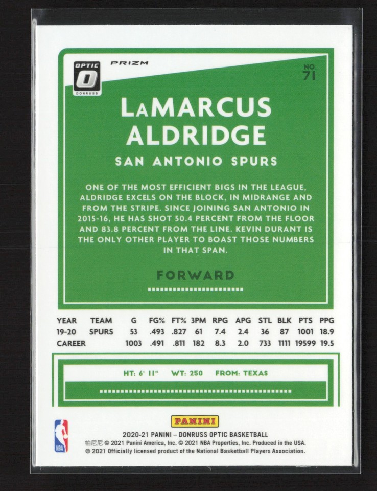 2020-21 Panini Donruss Optic Purple Holo LaMarcus Aldridge #71 San ...