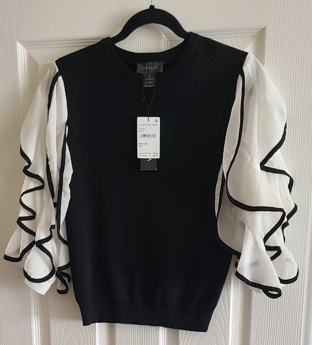 GRACIA Dramatic Ruffle Black White Sleeve Blouse Sz M NWT | eBay