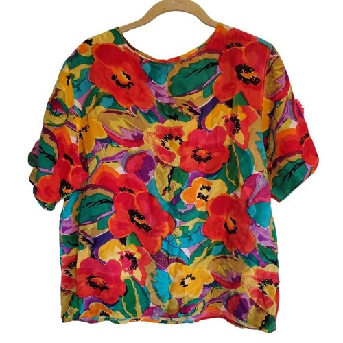 Vintage 70s 1970s Silk Red Yellow Poppy Flower Pattern Blouse Top Size Small | eBay
