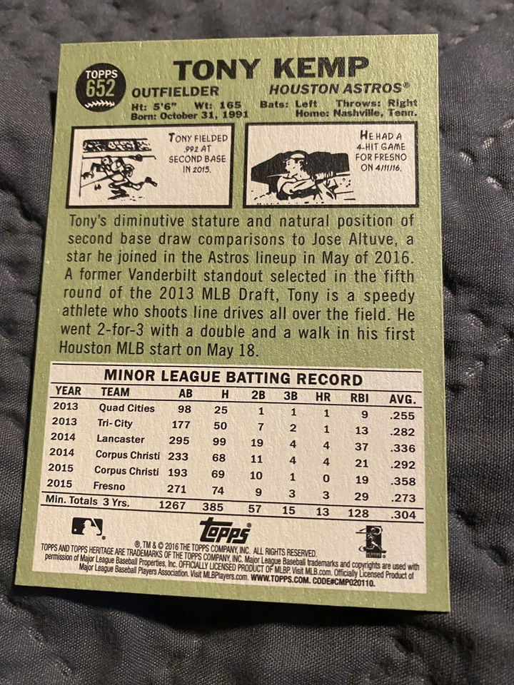 2016 Topps Heritage #652 Tony Kemp RC Houston Astros A's | eBay