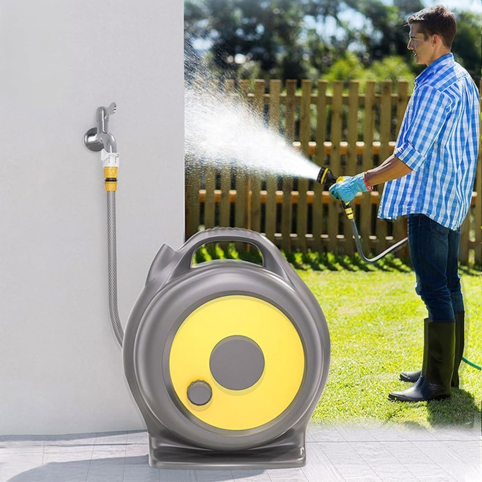 20M 50FT FLAT HOSE PIPE SPRAY GUN NOZZLE SET WITH REEL STAND GARDEN ...