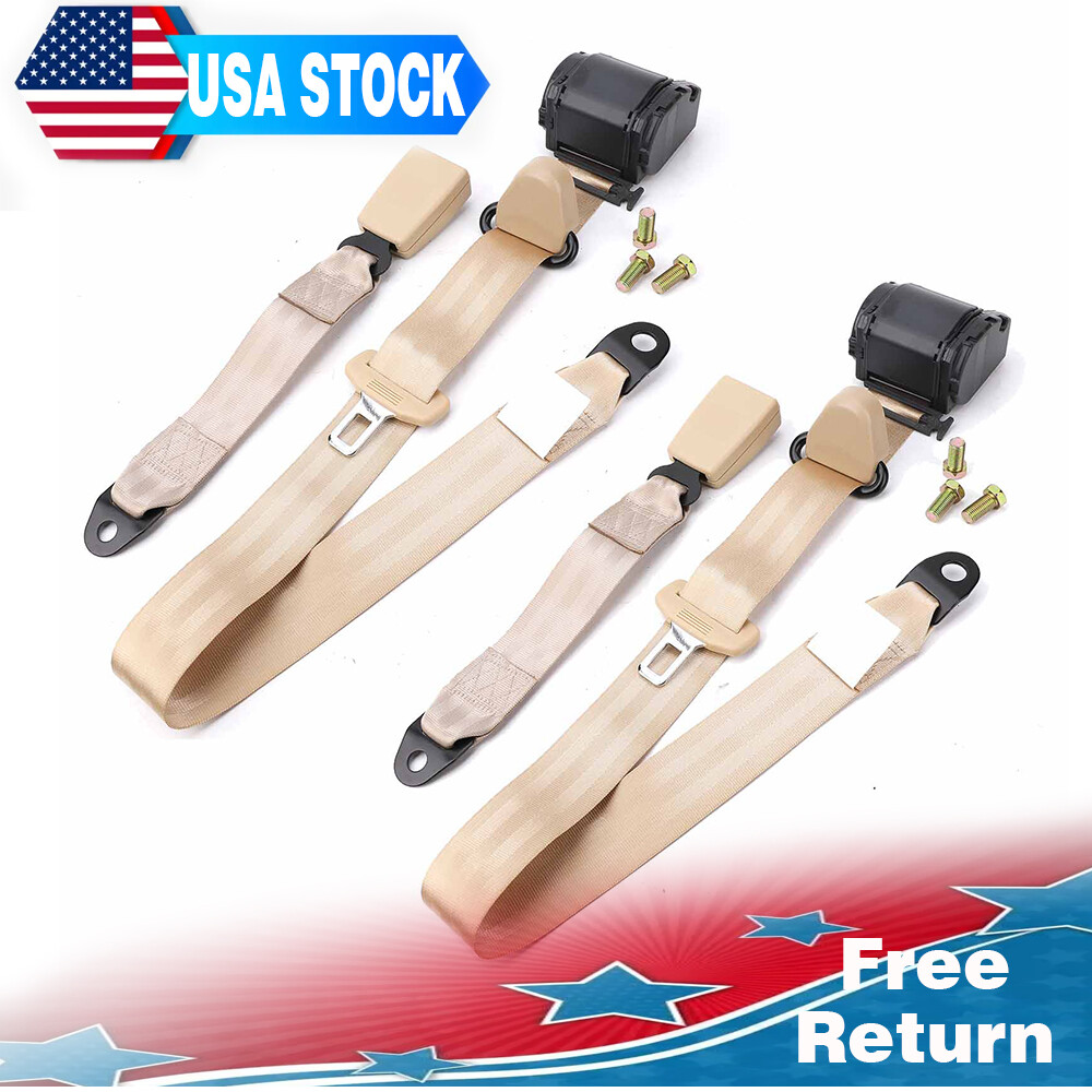 2 Set Retractable 3 Point Car Safety Seat Belt Lap & Diagonal w/Release ...