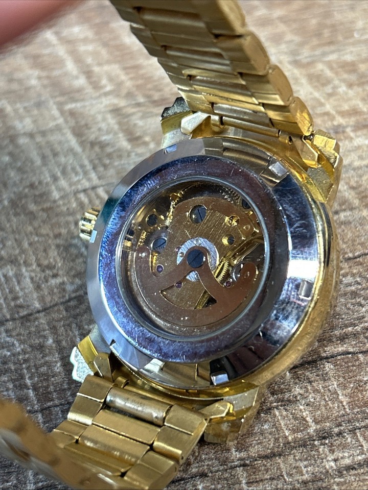 Foksy MCE Men's Skeleton Mechanical Watch Round Gold Tone Metal Band ...