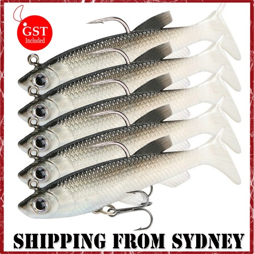 5 x Soft Plastic Vibe Lures Poddy Mullet Flathead Jig Heads Cod Fishing ...