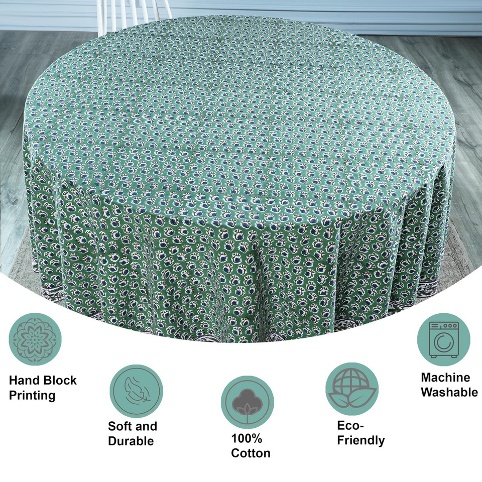 Round Tablecloth - Hand Block Print 100% Cotton Reusable Basil Green ...