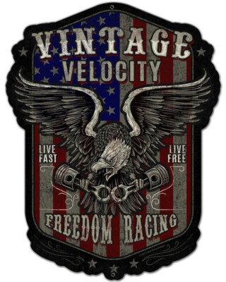 VINTAGE VELOCITY FREEDOM RACING FLAG 20" HEAVY DUTY USA METAL HOME ...
