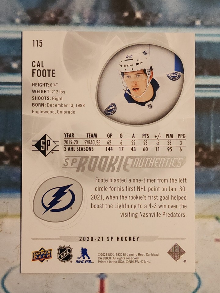 2020-21 UD SP Hockey CAL FOOTE #115 Rookie Authentics Gold Foilboard ...