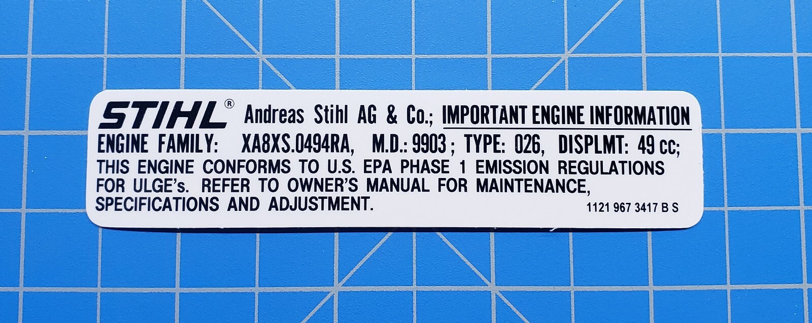 Stihl 026 Chainsaw Emissions Label Stihl Label # 1121 967 3417 ...