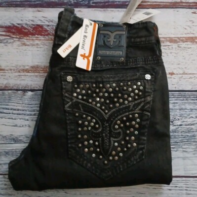 NWT ROCK REVIVAL GRANGER SZ 36W×33L SLIM EMBROIDERED STUDDED BLACK ...