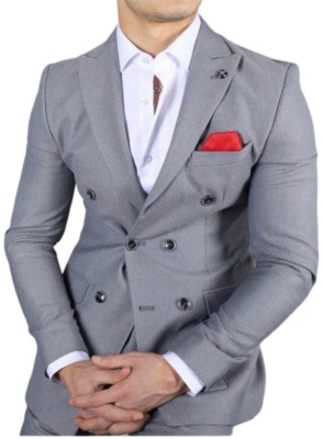 Designer Two Rows of Buttons Suit Gray Black Check Suit Fitted Slim | eBay