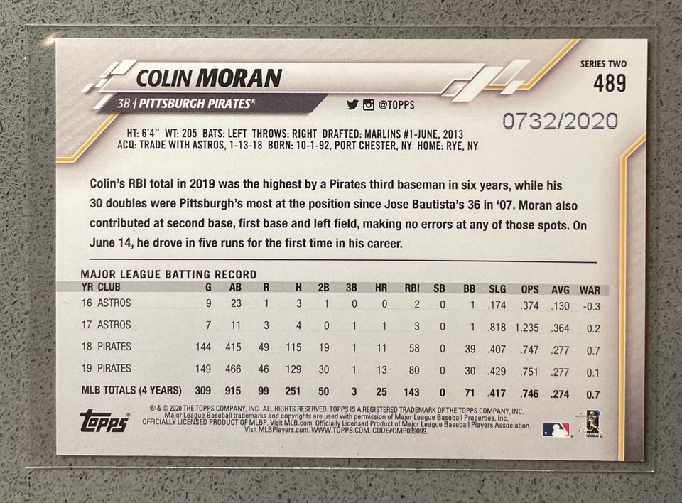 2020 Topps Series 2 Baseball MLB #489 Colin Moran /2020 Gold Parallel ...