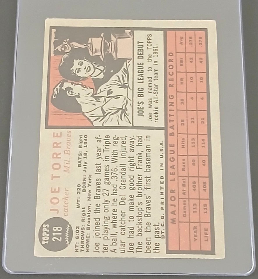 1962 Topps Joe Torre All-Star Rookie #218 Milwaukee Braves HOF RC ...